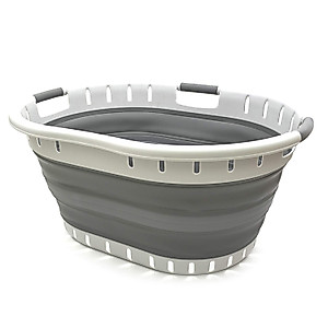 SAMMART 57L (15 Gallons) Collapsible 3-Handled Plastic Laundry Basket - Oval Tub - Portable Washing Tub-Space Saving Laundry Hamper, Water Capacity 44L / 11.6 Gallon (2 pcs - Oval, Dark Grey)