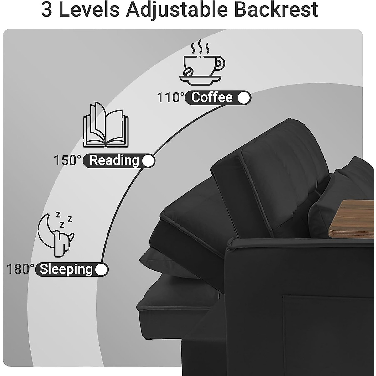 Rovibek 3 in 1 Convertible Sleeper Sofa Bed Pull Out Loveseat for Living Room Apartment Office with Side Table & Adjustable Backrest & Pillows, Black