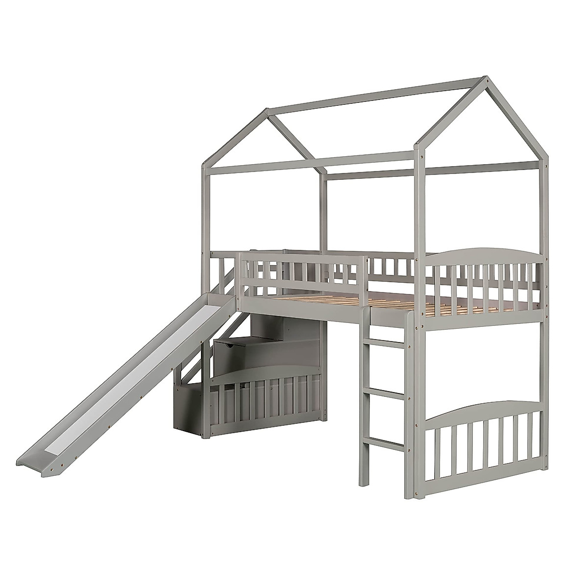 Twin Loft Bed with Stairs and Slide, Wooden House Loft Bed Twin Size with Step Storage Drawers Stairway Playhouse Bed for Kids, Toddlers, Girls & Boys, No Box Spring Needed (Twin, Gray)