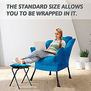 HIGOGOGO Modern Fabric Living Room Chair with Folding Footrest Stool, Sofa Chair with Portable Ottoman, Recliner Chair Steel Frame Leisure Bedroom Chair and Anti-Slip Footstool,Blue