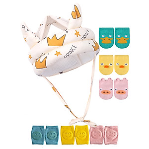 JunNeng Baby Walker Head Helmet Toddler Head Protector Bumper Bonnet with Knee Pads&Anti-Slip Socks (Crown)