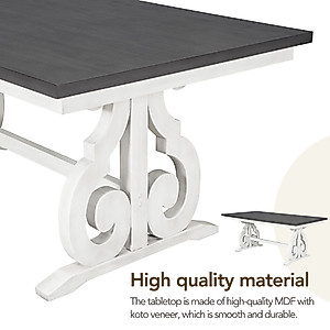 KoiHome Wooden, Farmhouse Rectangular Legs, 4 Carved Hollow Back and Bench for Home Room,Kitchen/Restaurant (Gray+White), 6-Piece Dining Table/Chairs Set
