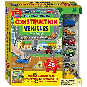Hinkler Pull-back-and-go: Construction - 28-piece Floor Puzzle - Play Mat - Coloring and Activity Book - 6 Pull and Go Cars - Activity Set for Kids Aged 3 to 6