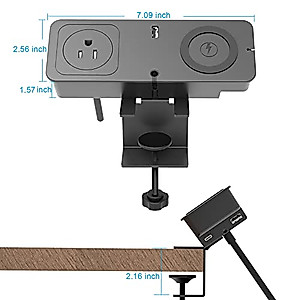 Desk Clamp Power Strip USB C, Desk Mount Power Strip with AC Outlet/2 USB Ports/15W Wireless Charger Station, Desktop Surge Protector PD 20W USB C Fast Charging, Fit 2.16" Tabletop Edge