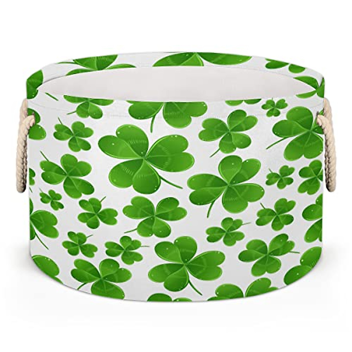 St. Patrick's Day Green Clover Leaves Large Round Baskets for Storage Laundry Baskets with Handles Blanket Storage Basket for Bathroom Shelves Bins for Organizing Nursery Hamper Girl Boy