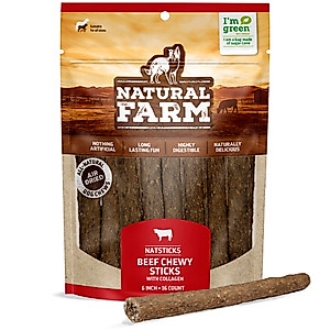 Natural Farm Natsticks Beef Chewy Sticks with Collagen (16-Pack), Made from Premium All-Natural Beef, Great for Small, Medium, Large Dogs, Protein-Rich, Quick-Chew Treats, Highly Digestible