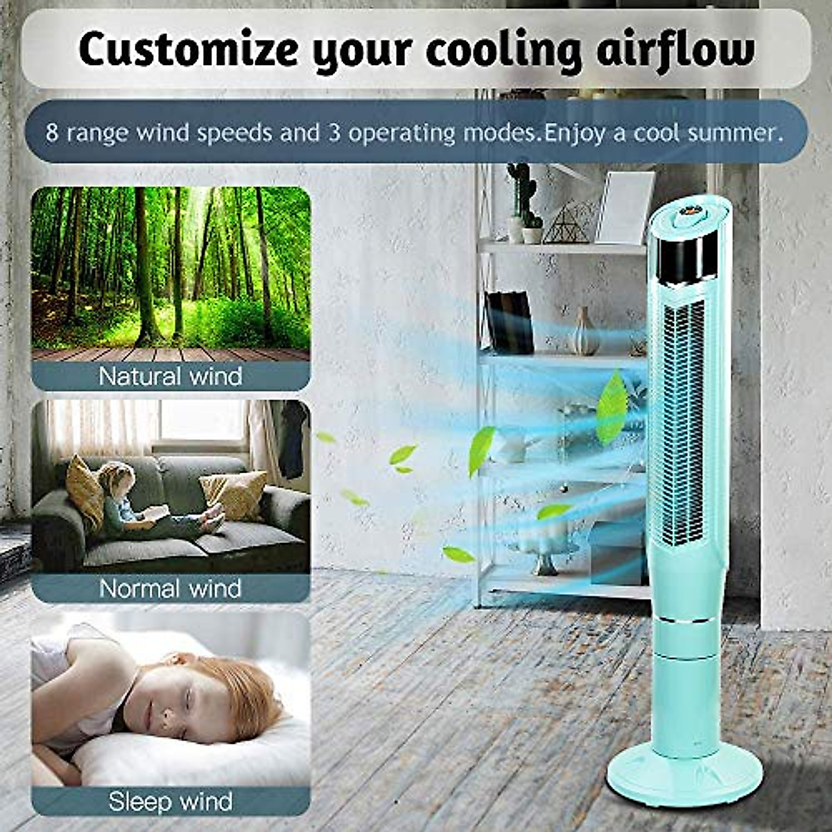 Kismile 47 inch Portable Oscillating Quiet Tower Fan with Remote Control,3 Modes and 8 Wind Speed Setting, Built in 24 H Timer LED Display for Bedroom,Home,Office,Dormitory (47 inch, Green)