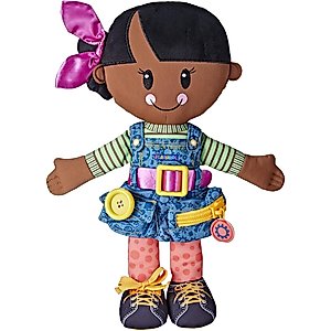Playskool Dressy Kids Doll with Black Hair and Bow, Activity Plush Toy with Zipper, Shoelace, Button, for Ages 2 and Up (Amazon Exclusive)