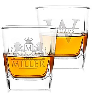 Set of 2 - Whiskey Gifts for Men, Personalized Whiskey Glasses w/ Name & Initial - 9 Designs - 9 oz, Limited Edition Monogrammed Rocks Glasses for Whiskey, Bourbon, Engraved Scotch Glasses - Dad Gifts