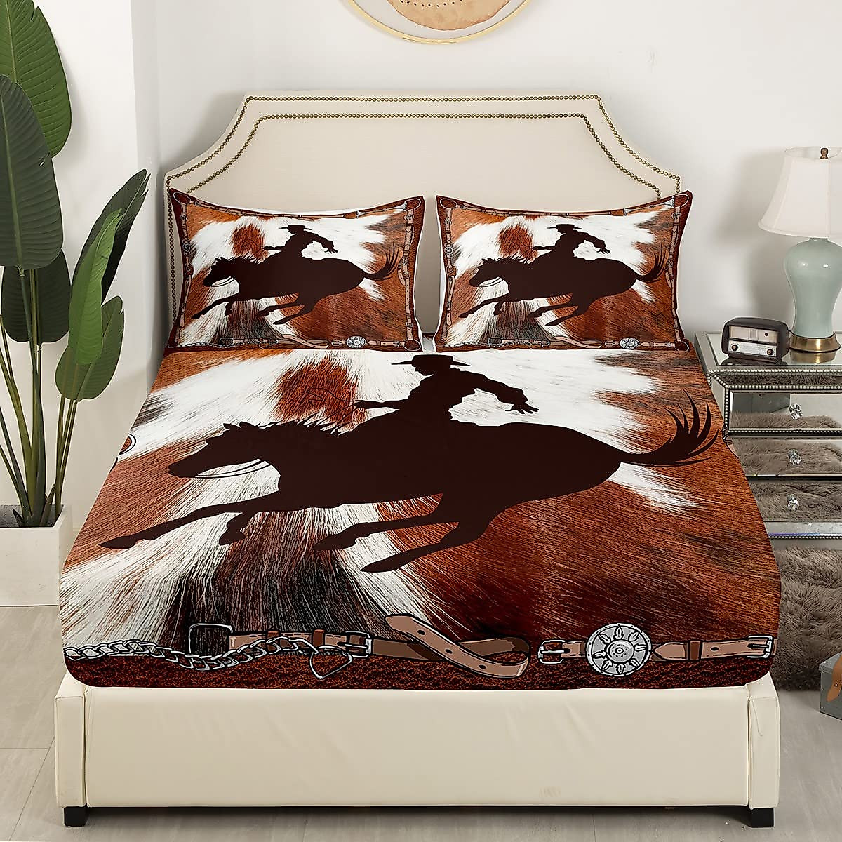 Western Cowboy Sheet Set King Size Brown Cow Fur Print Fitted Sheet Rustic Farmhouse Bedding Set 4Pcs for Kids Boys Men Teens Room Decor Horse Racing Themed Top Flat Sheet,2 Pillowcases