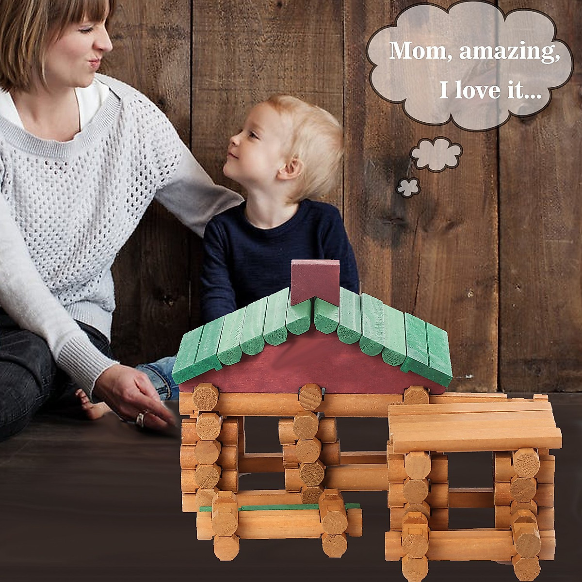 Wondertoys 90 Pieces Classic Wood Cabin Logs Set, Building Log Toy for Children, Farm House Construction Educational Toys for 3 4 5 6 Years Old