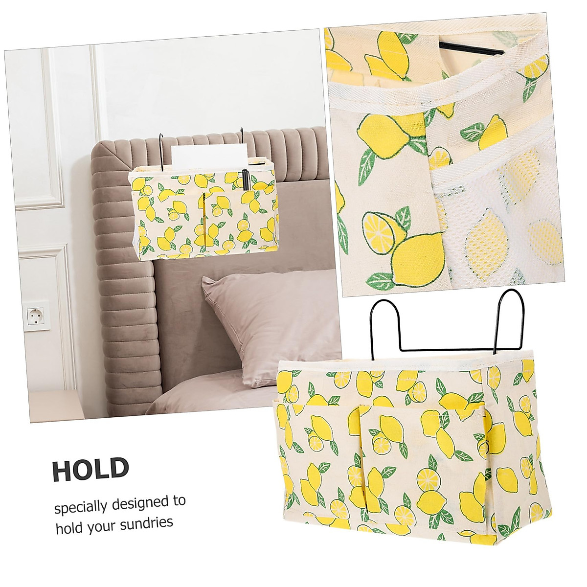 Lemon Bedside Cotton Linen Hanging Storage Bag Bed Storage Pocket Organizer Pouch Diaper Stacker for Bed Crib Craddle Baby Clothes Organizer