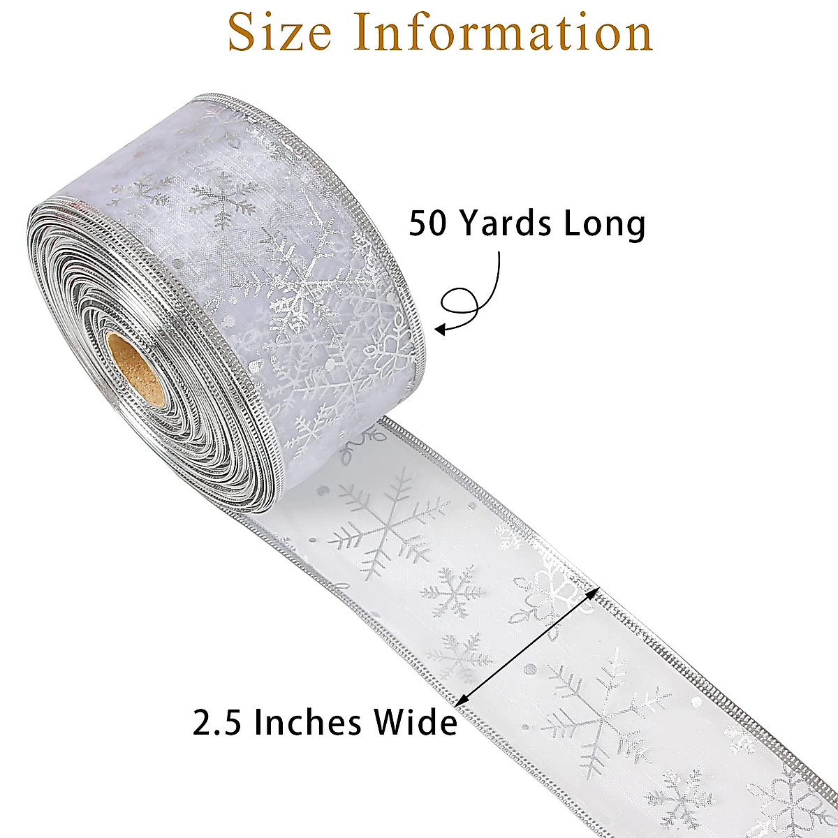 CCINEE Snowflake Christmas Organza Ribbon 2.5"X 50 Yards Silver Snowflake Wired Sheer Glitter Ribbon for Xmas Tree Decor Gift Wrapping Craft Party Decoration