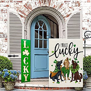 CROWNED BEAUTY St Patricks Day Dogs Garden Flag 12x18 Inch Double Sided for Outside Small Burlap Green Shamrock Hello Lucky Yard Holiday Decoration CF739-12