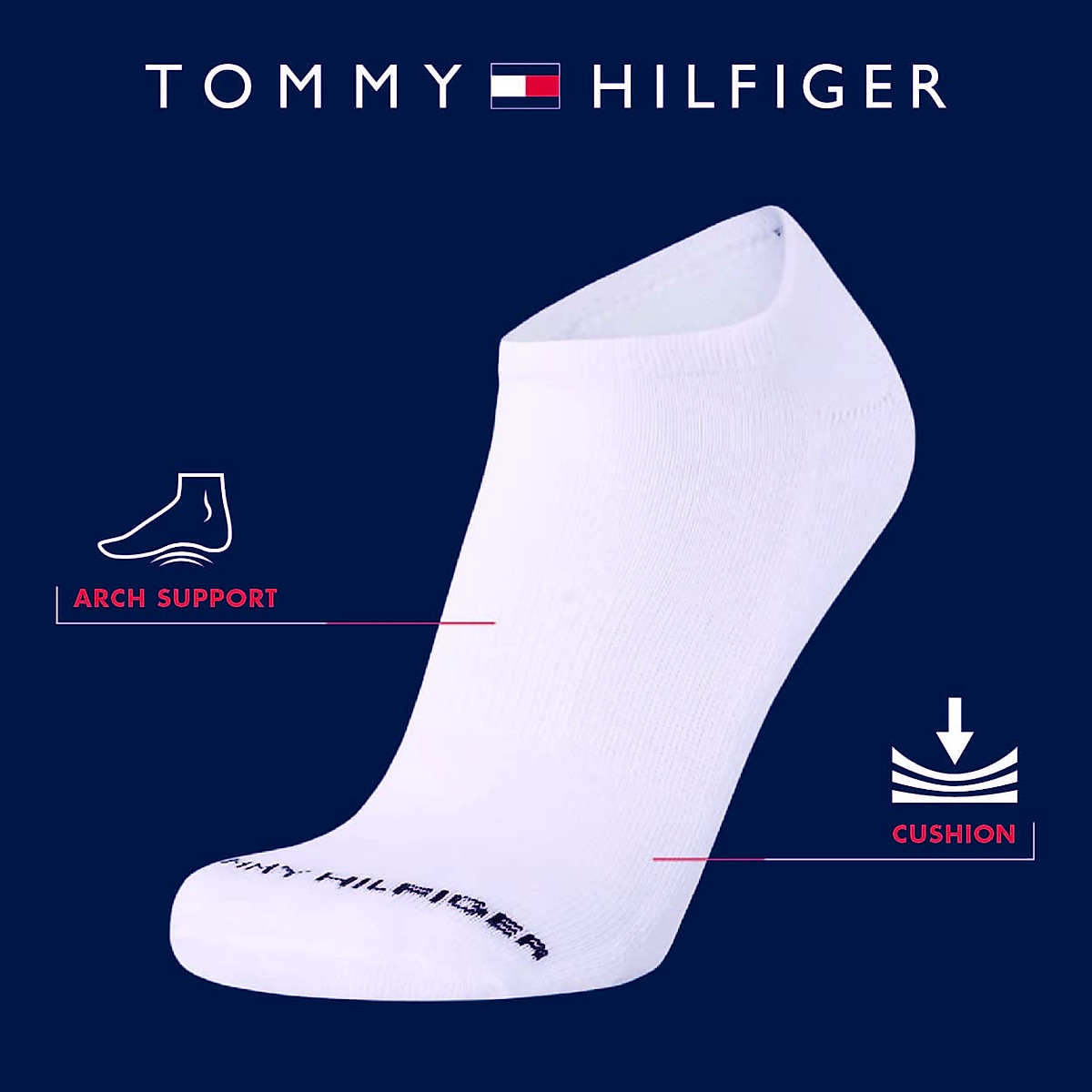 Tommy Hilfiger Men's Athletic Socks - Cushion No Show Ankle Socks (6 Pack), Size Shoe Size 7-12, Pure Black