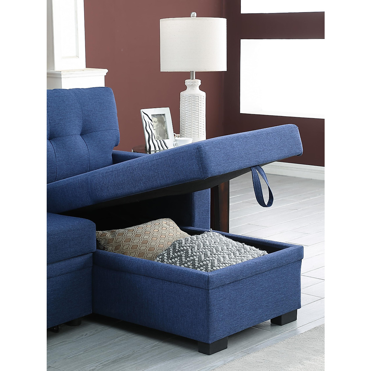RENDGO 92 inch L-Shape Sectional Sleeper Sofa with Chaise Storage and Pull-Out Bed, Tufted Linen Backrest, Reversible 3-Seater for Living Spaces, Blue