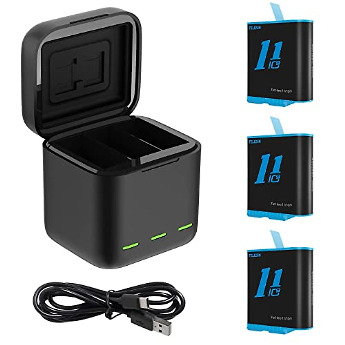 TELESIN Battery Charger Kit for GoPro Hero 11 Hero 10 Hero 9 Black, Triple Charger Storage Charging Box with 3-Pack Hero Batteries Fully Compatible with Original Go Pro 11 10 9 Camera Accessories