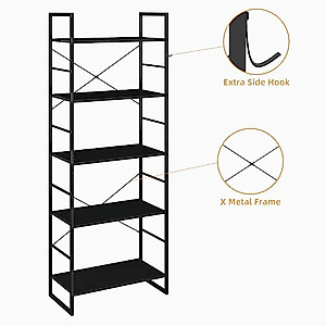 SAILUN 5 Tier Bookshelf, Free Standing Bookcase, Book Shelf with Metal Frame, Storage Rack Shelves Organizer for Bedroom, Living Room, Dark Black