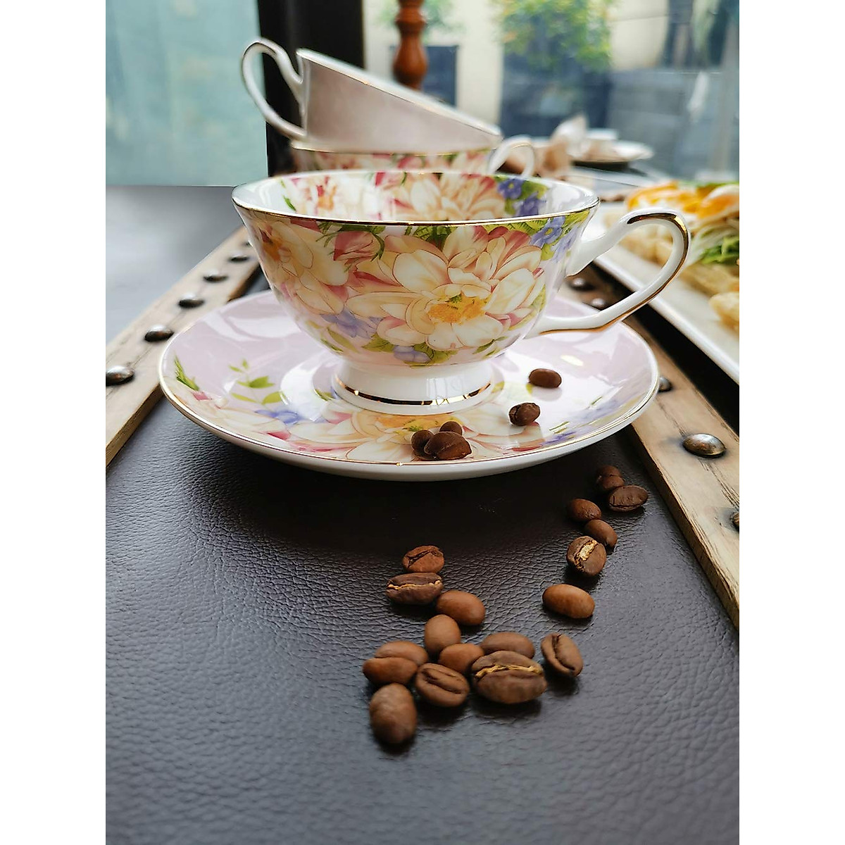 JinGlory Pink Tea Cup,Floral Tea Cup and Saucer Set,Bone China Tea Set,Coffee Cup,Tea Set for Adults/Friends/Women/Men,7OZ