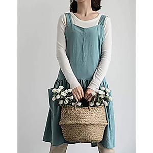 Women's Pinafore Square Cross Back Cotton Linen Japanese Apron Garden Work Plus Size Midi Bib Dress With Pockets for Cooking Painting