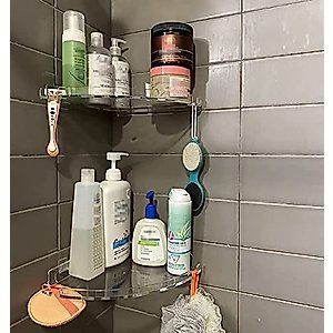 JiePai Acrylic Corner Shower Caddy Shelf with Hooks 2 Pack, Adhesive Wall Mounted Bathroom Shower Shelf Organizer for Inside Shower & Kitchen Storage