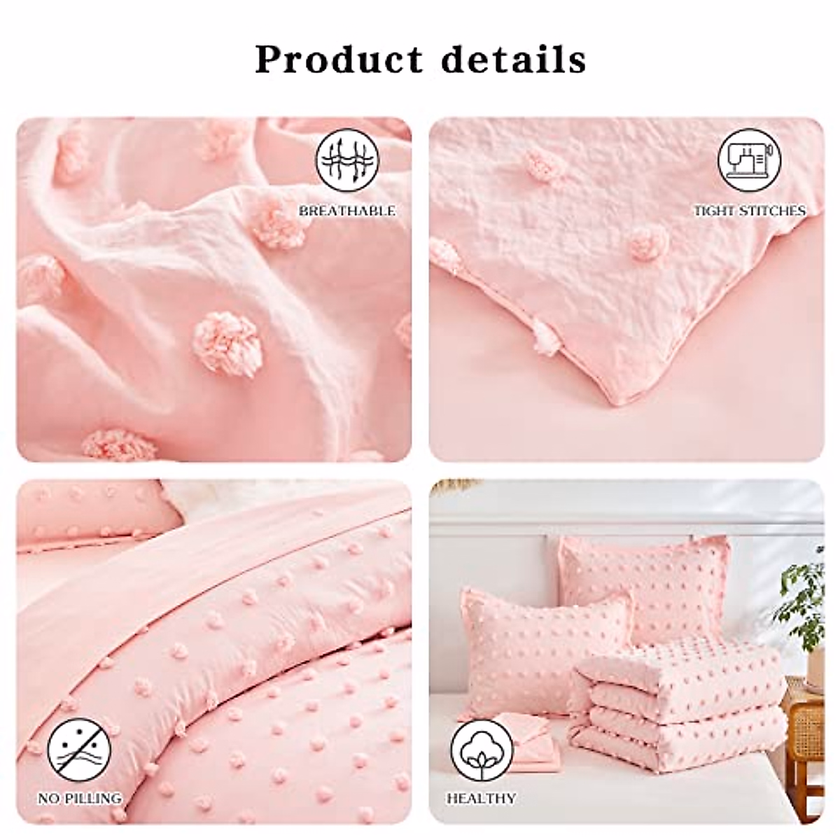 6 Pieces Tufted Dots Bed in a Bag Twin Comforter Set Girls Pink , Soft and Embroidery Shabby Chic Boho Bohemian Comforters, Luxury Solid Color with Pom Pom Design, Jacquard Tufts Bedding Set for Kids