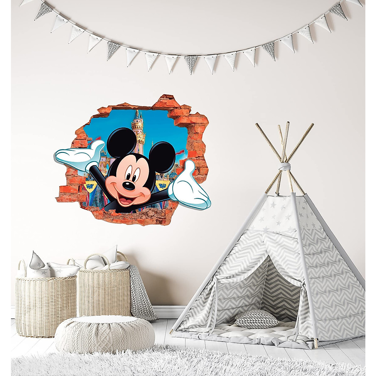 Mickey Face Wall Decal - 3D Smashed Wall Effect - Wall Decal for Home Nursery Decoration (Wide 20"x16" Height Inches)