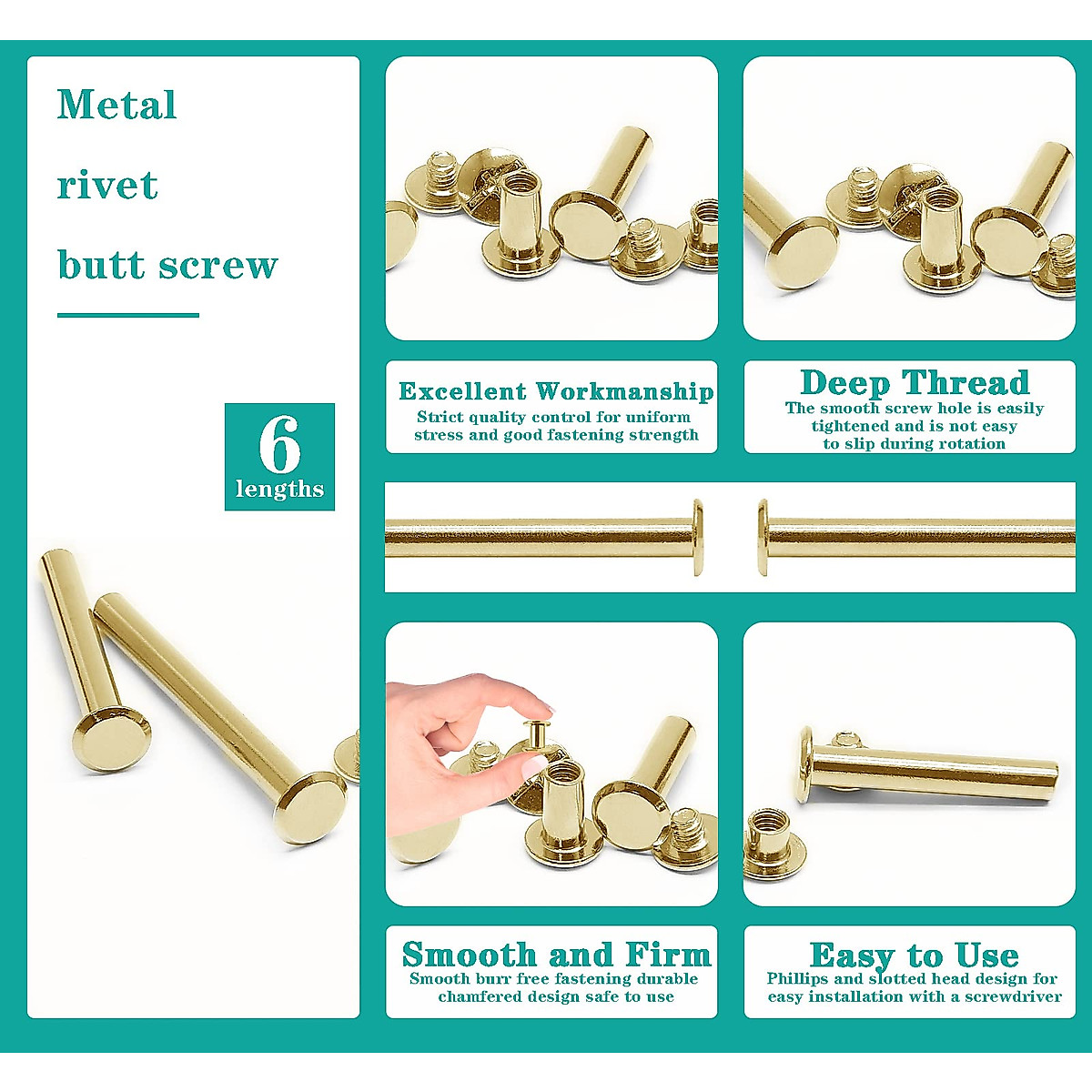 Uenhoy 60 Set Gold Chicago Screws Assorted Kit M5 x 5/10/12/15/25/35mm, Metal Screw Posts Nail Rivet Chicago Button for DIY Leather Crafts Bookbinding, Round Phillips Head Stud Screw