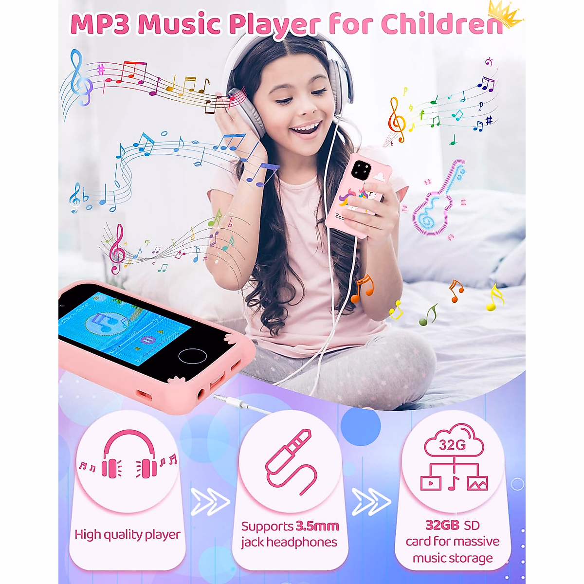 BESTOONE Kids Smart Phone Toys for 3 4 5 6 Year Old Girls, Toddler Touchscreen Phone with Dual Camera, Educational Games, MP3 Music Player, and 32GB SD Card, Christmas Birthday Gifts for Kids Ages 3-8