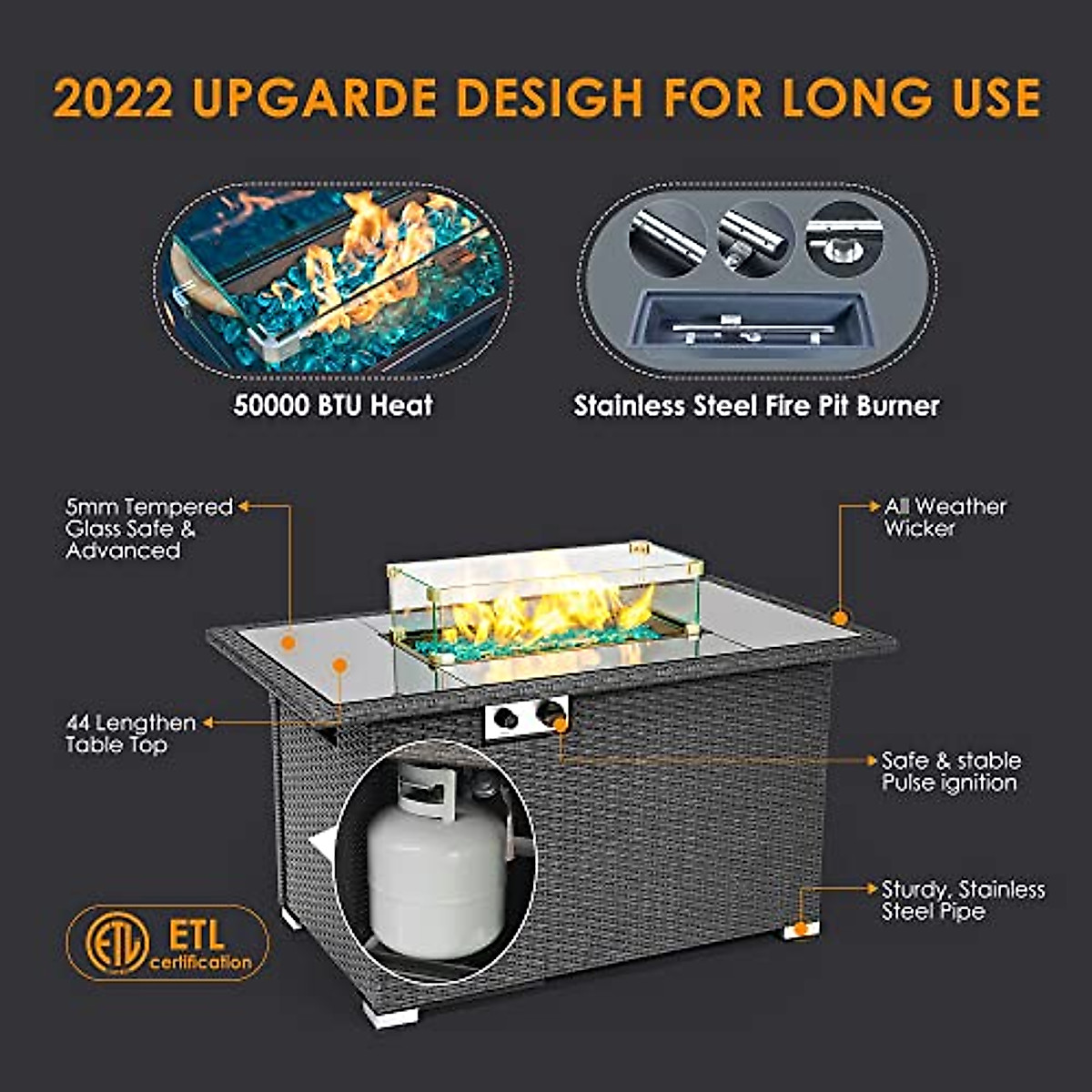 Propane Fire Pit Table, 44" Auto-Ignition Firepit Table for Outside, 50,000 BTU Outdoor Rattan & Wicker Gas Fire Table with Glass Wind Guard for Patio, Pool, Backyard, ETL Certification (Grey)