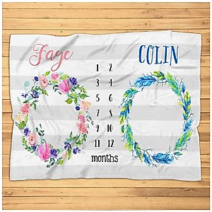 Twins Personalized Baby Monthly Blanket - Monthly Baby's Growth, Photo Prop, Perfect, Customized with Names, boy and Girl Blanket, Super Soft Plush Blanket for Baby for Kids