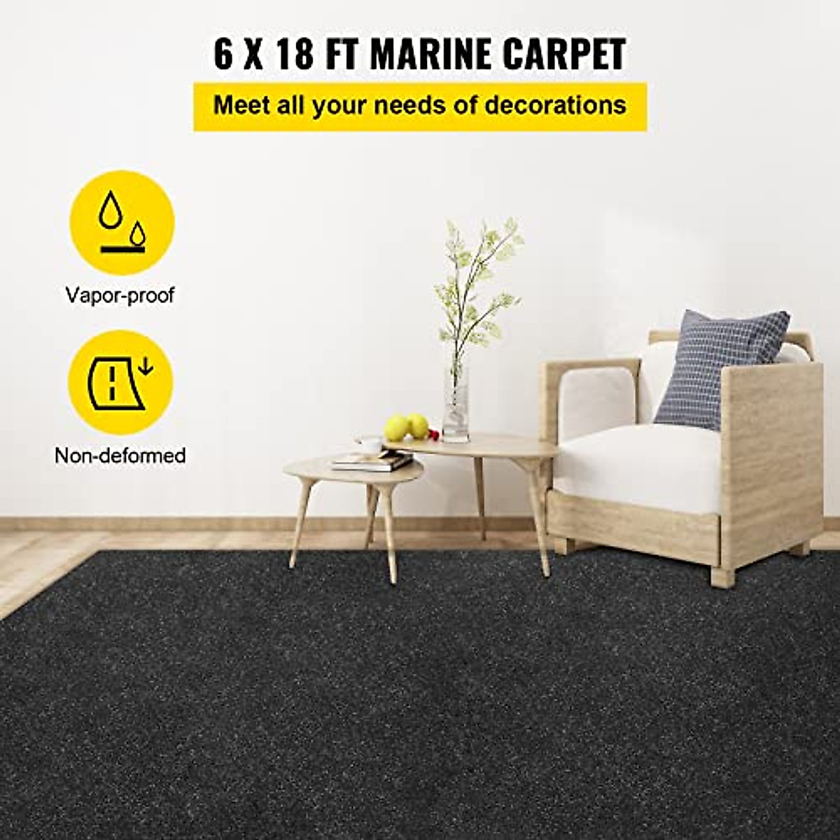 Happybuy Marine Carpet, 6 ft x 18 ft Charcoal Black Marine Grade Boat Carpet, Marine Carpeting with Soft Cut Pile and Water-Proof TPR Backing, Carpet Roll for Home, Patio, Porch, Deck