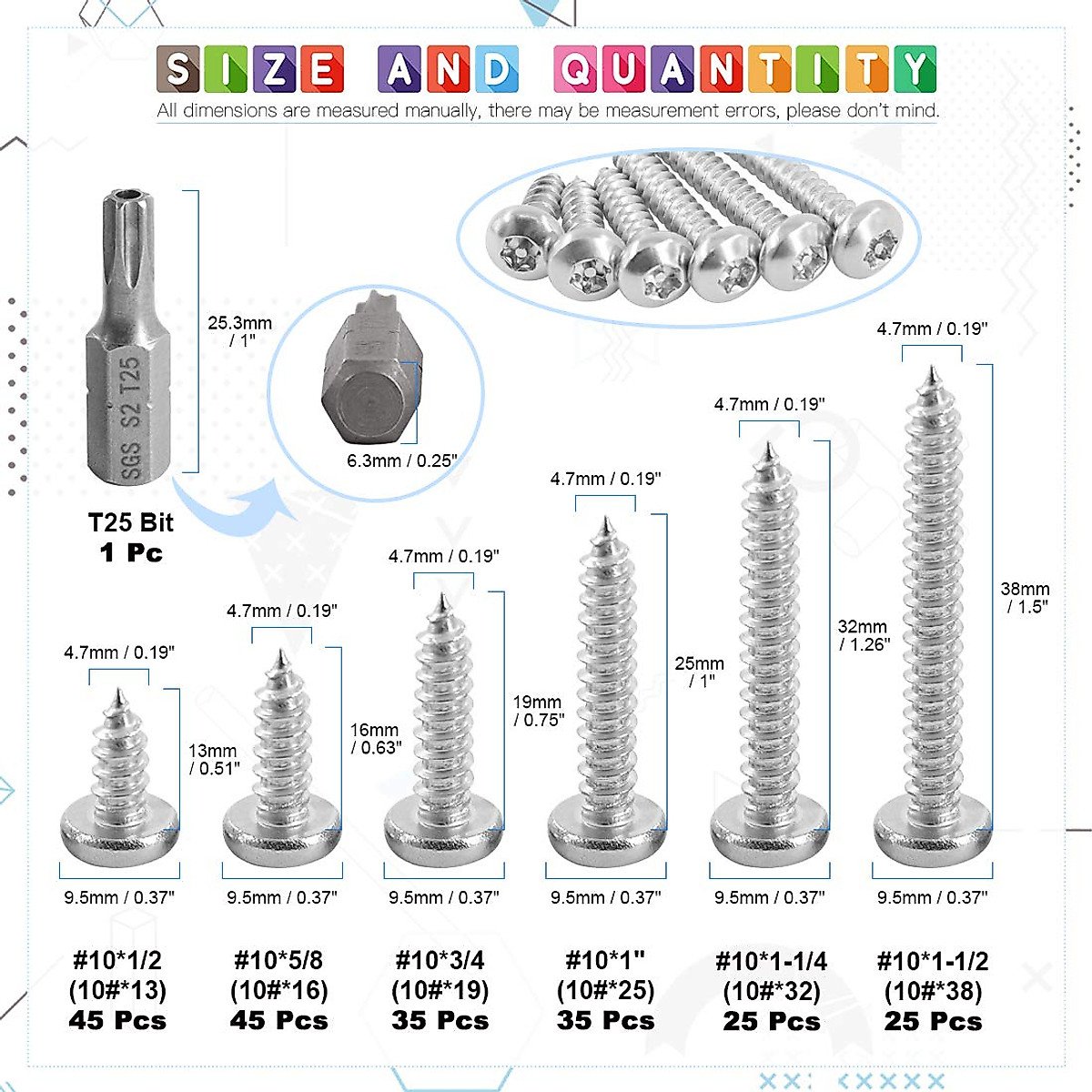 Glarks 211Pcs #10 x 1/2'' / 5/8'' / 3/4'' / 1" / 1-1/4'' / 1-1/2'' Button Head Torx Security Stainless Steel Screws, 6 Size Tamper Resistant Screws Assortment Set with T25 Bit
