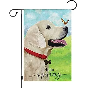 Hello Spring Dog Garden Flag 12x18 Double Sided Vertical, Burlap Small Butterfly Welcome Garden Yard House Flags Outside Outdoor House Spring Summer Decoration (ONLY FLAG)