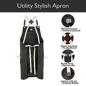 Stenffy Handmade Work Aprons,Cotton Canvas Aprons,Multiple Pockets,Adjustable Cross Back Weight Apron,BBQ,Cafe,Chef,Carpenter Apron,Aprons for Men&Women,Sizes M to XXL,Black Apron