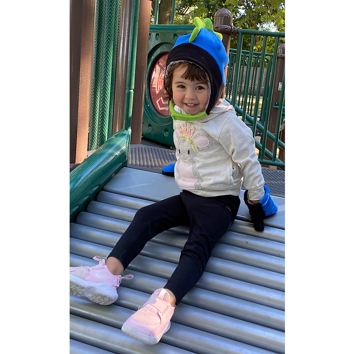 N'Ice Caps Toddler Baby Hat Mitten Set Boys Dino Fleece Gloves Warm Sherpa Lined (4-7 Years, Black/Royal/Neon Green Dino)