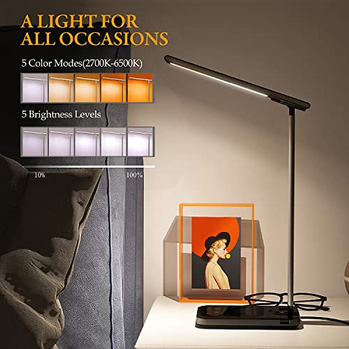 Becament LED Desk Lamp with Wireless Charger, USB Charging Port, 5 Color Modes with 5 Brightness Levels, Dimmable Home Office Lamp, Touch Control, 30/60 Min Timer, Eye-Caring Reading Table Lamp, Black