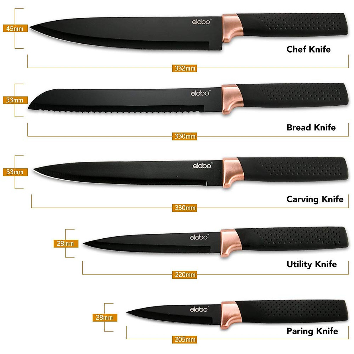 elabo 5 Piece Black Kitchen Knife Set with Stand - Stainless Steel Non-Stick Coating Knives, Rose Gold Handle