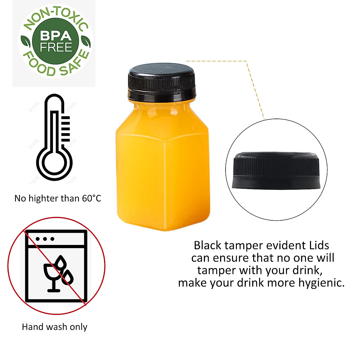 BPFY 48 Pack 4 oz Mini Plastic Juice Bottles with Caps Empty Clear Beverage Containers with Black Tamper Evident Lids, Brush, Funnel, Juicing Bottles for Milk, Smoothie and Other Beverages