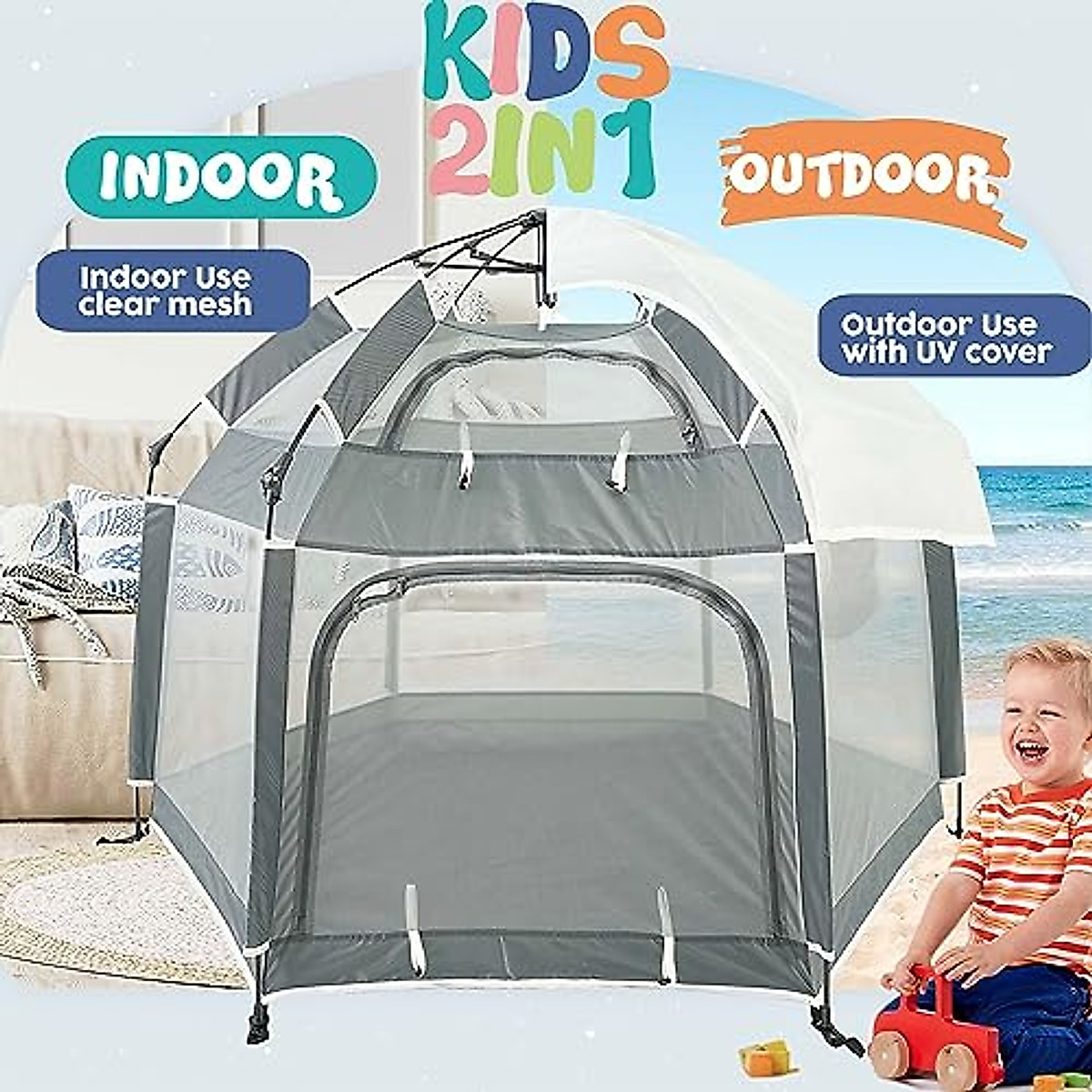 Large Pop Up Children Playpen Easy Set-Up Baby Travel Beach Tent Toddler Indoor Play House and Outdoor Play Tent with UPF50+ Kids Bacyard Tent with 6 Stakes
