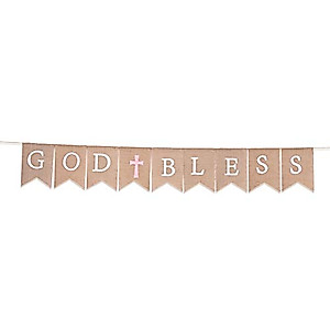 WAWOO God Bless Banner - First Communion Decoration, Baptism Decor,God Bless Decoration,Photo Props Crosses,1st Communion Party (Pink GOD Bless)