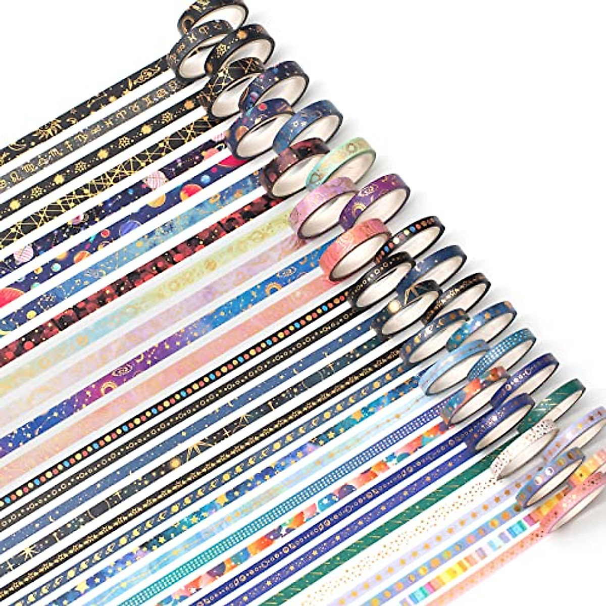 YUBX Skinny Galaxy Washi Tape Set 30 Rolls Gold Foil Decorative Starry Space Masking Tapes for Arts, DIY Crafts, Journals, Planners, Scrapbook, Wrapping