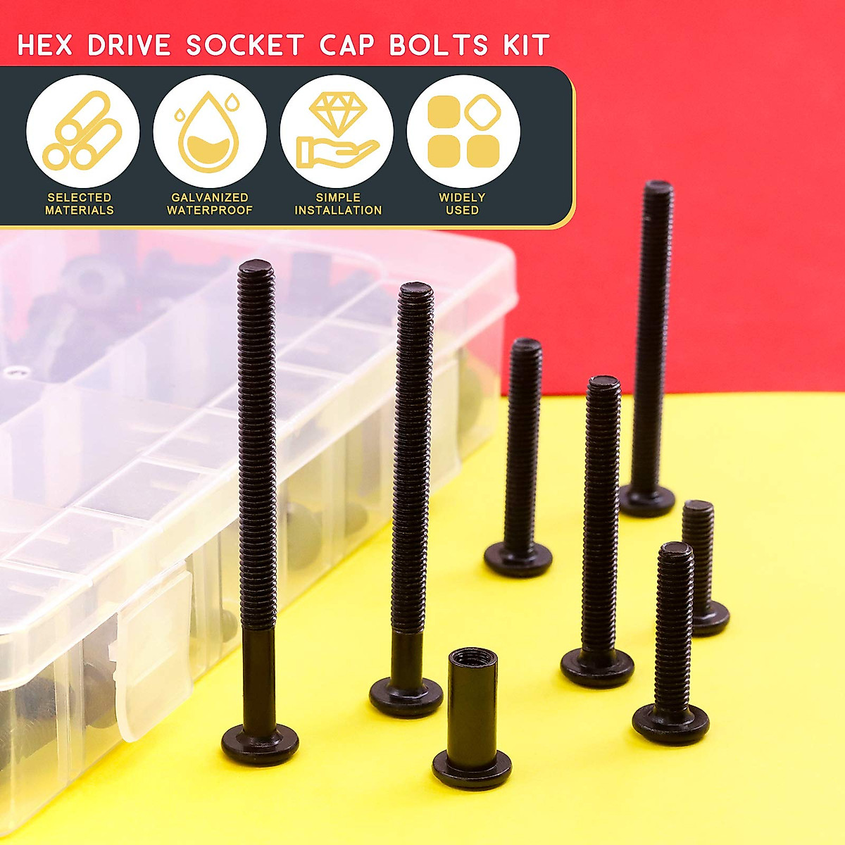 Hilitchi 84Pcs M6 Hex Drive Socket Cap Bolts Kit Countersunk Head Screws Bolts Dowel Barrel Nuts Crib Bolts Nuts Assortment Kit for Furniture Hardware Fitting (20/30/40/50/60/70/80mm)