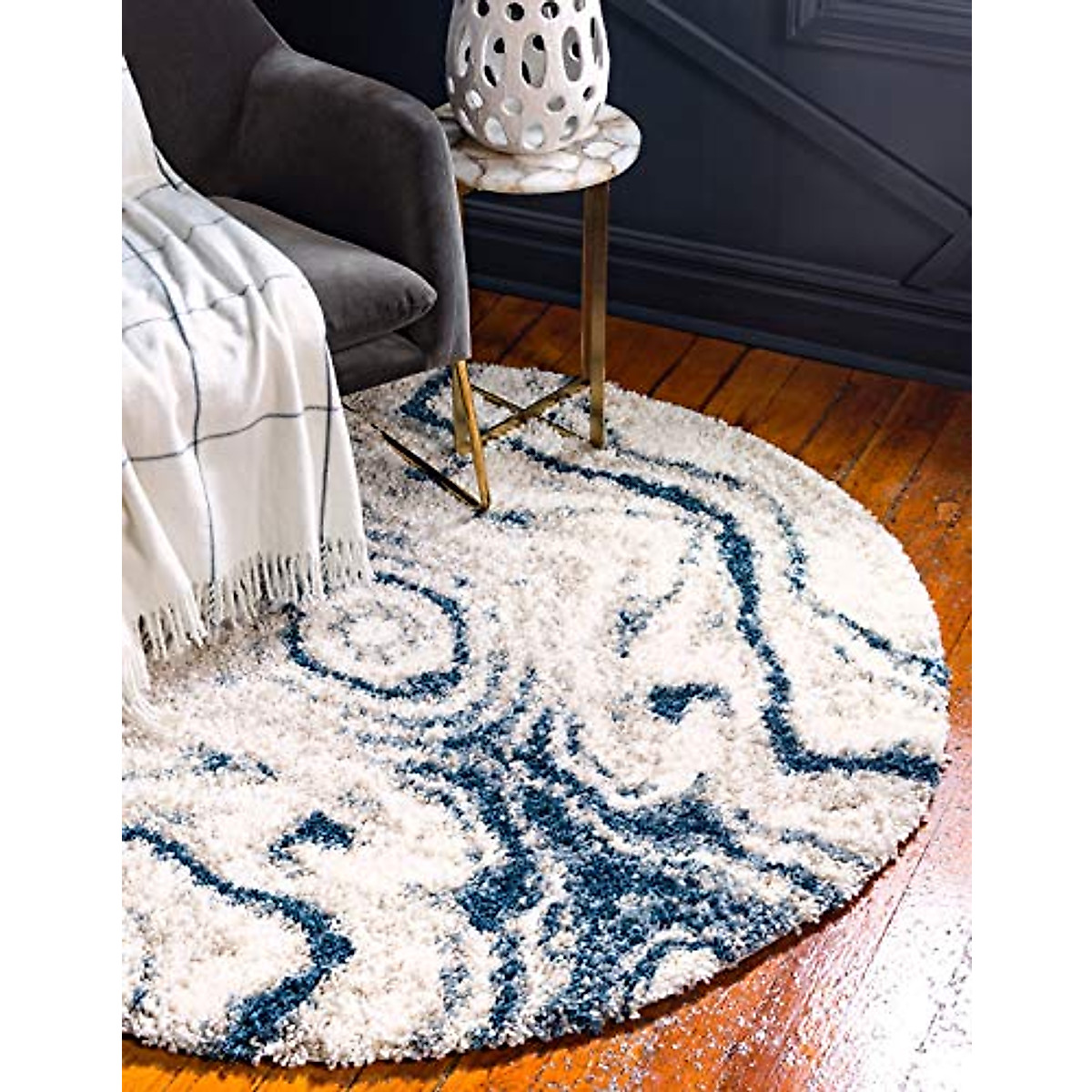Unique Loom Hygge Shag Collection Area Rug - Valley (5' Round, Blue/ Gray)