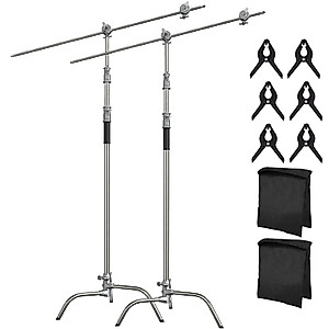 Photography C Stand with Boom Arm: 100% Stainless Steel - Takerers BS11 Heavy Duty Max Height 10.5ft/131inch Light Stands (2 Pack) with 4.2ft/50inch Holding Arm, 2 Grip Head, 2 Sandbag