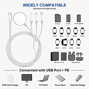 USB C Watch Charger 4 in 1 Portable Type C Charging Cable Compatible with Apple Watch iwatch Ultra Series Ultra/SE/8/7/6/5/4/3/2/1 and Compatible with iPhone,Galaxy,Pixel,Android (4ft/1.2M)