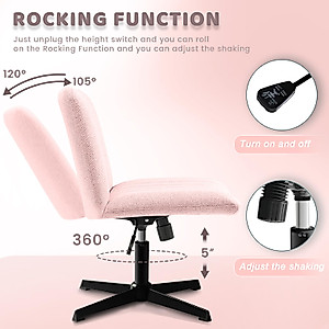 LEMBERI Fabric Padded Desk Chair No Wheels, Armless Wide Swivel Home Office Desk Chair,120° Rocking Mid Back Ergonomic Computer Task Vanity Chair for Office, Home, Make Up,Small Space (Pink)