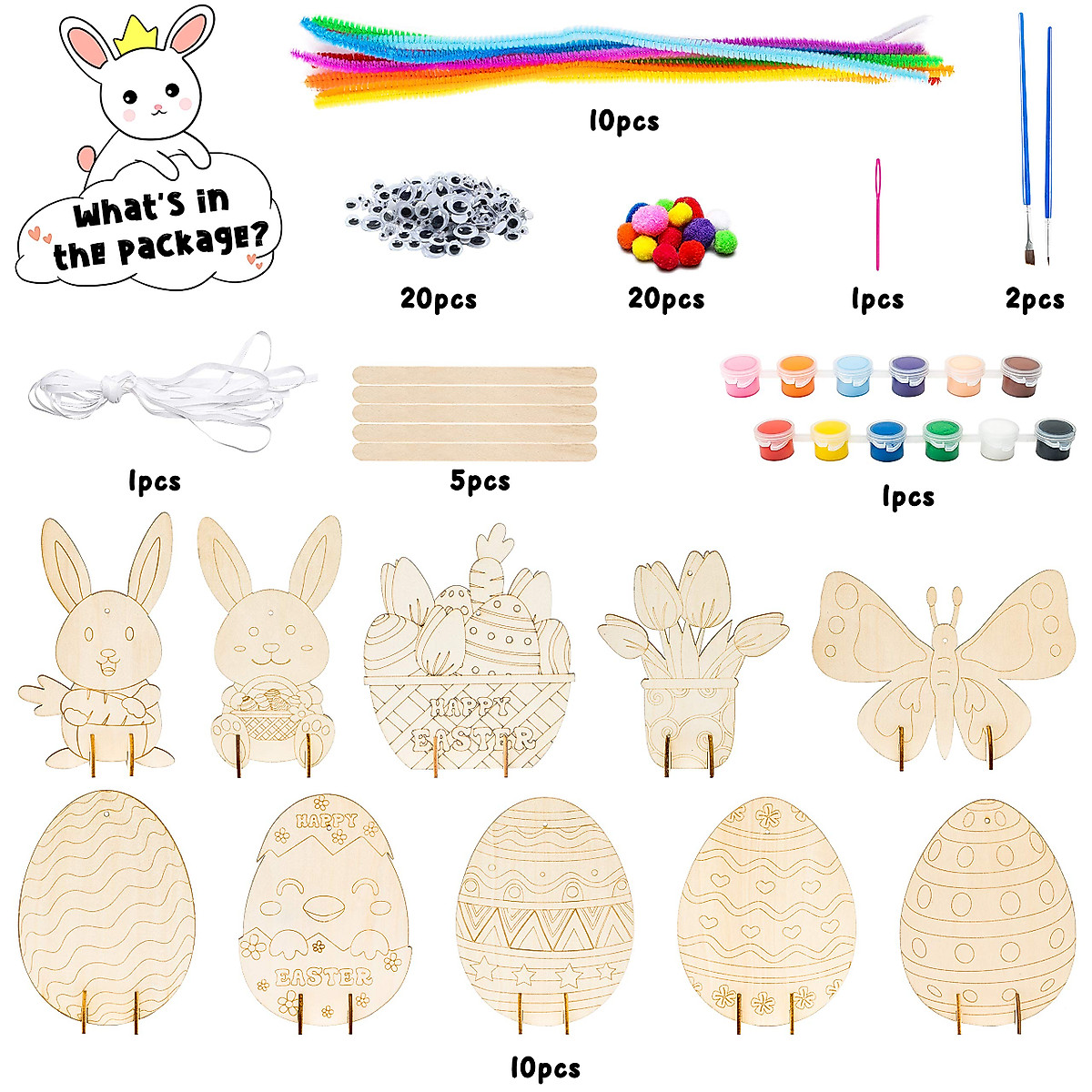 MALLMALL6 60Pcs Easter Wooden DIY Art Crafts for Kids Early Learning Painting Kits Unfinished Art Project Preschool Classroom Activities Painting Your Own Ornaments Party Gifts Decor for Tree Home