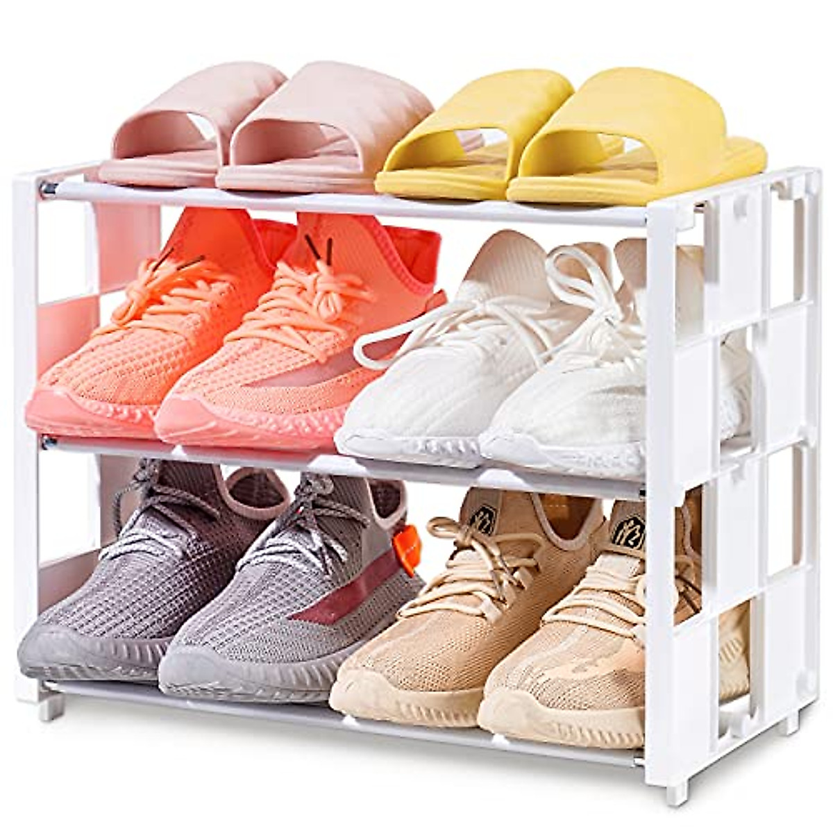 NiHome 3-Tier Stackable Shoe Rack Organizer - Adjustable, Lightweight and Expandable for Small Spaces, Holds 6 Pairs, Ideal for Closet, Hallway, Entryway, Bedroom (White)