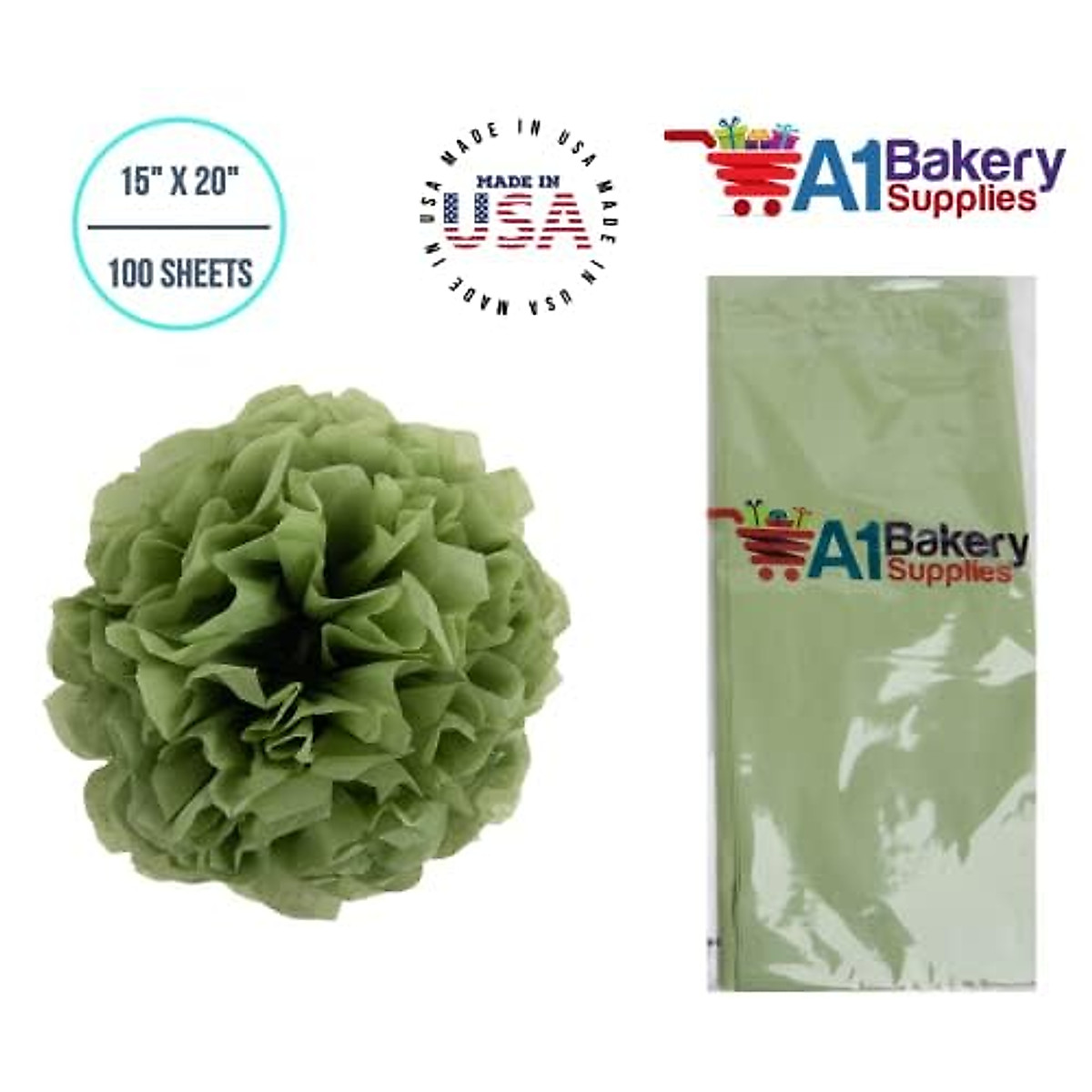 Sage Green Light Olive Bulk Tissue Paper 15 Inch x 20 Inch - 100 Sheets Premium Quality Gift wrap Tissue Paper Made in USA